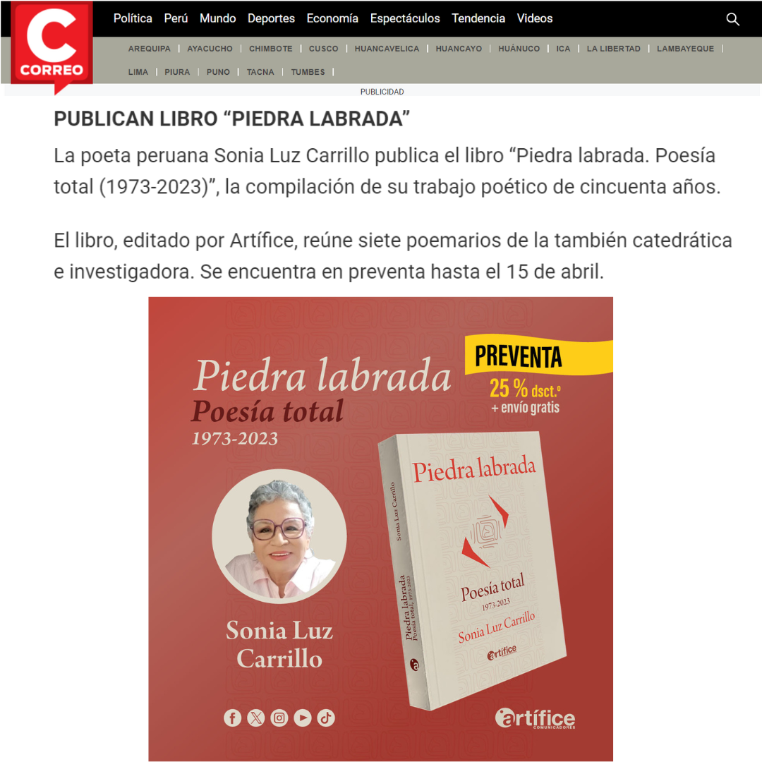 CORREO: PUBLICAN LIBRO DE POESÍA ‘PIEDRA LABRADA’, DE SONIA LUZ CARRILLO – Artificecrea